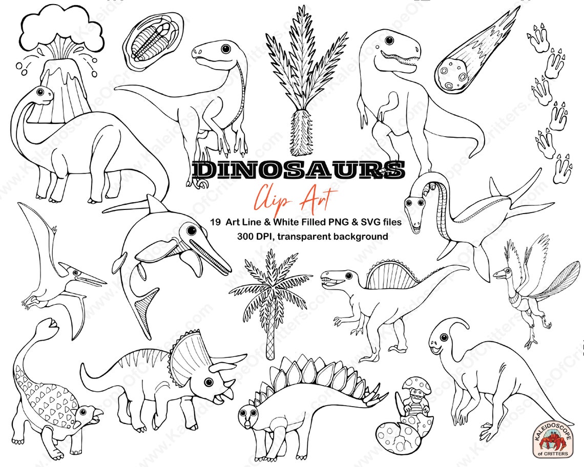 Dinosaur Clip Art B&W - Etsy
