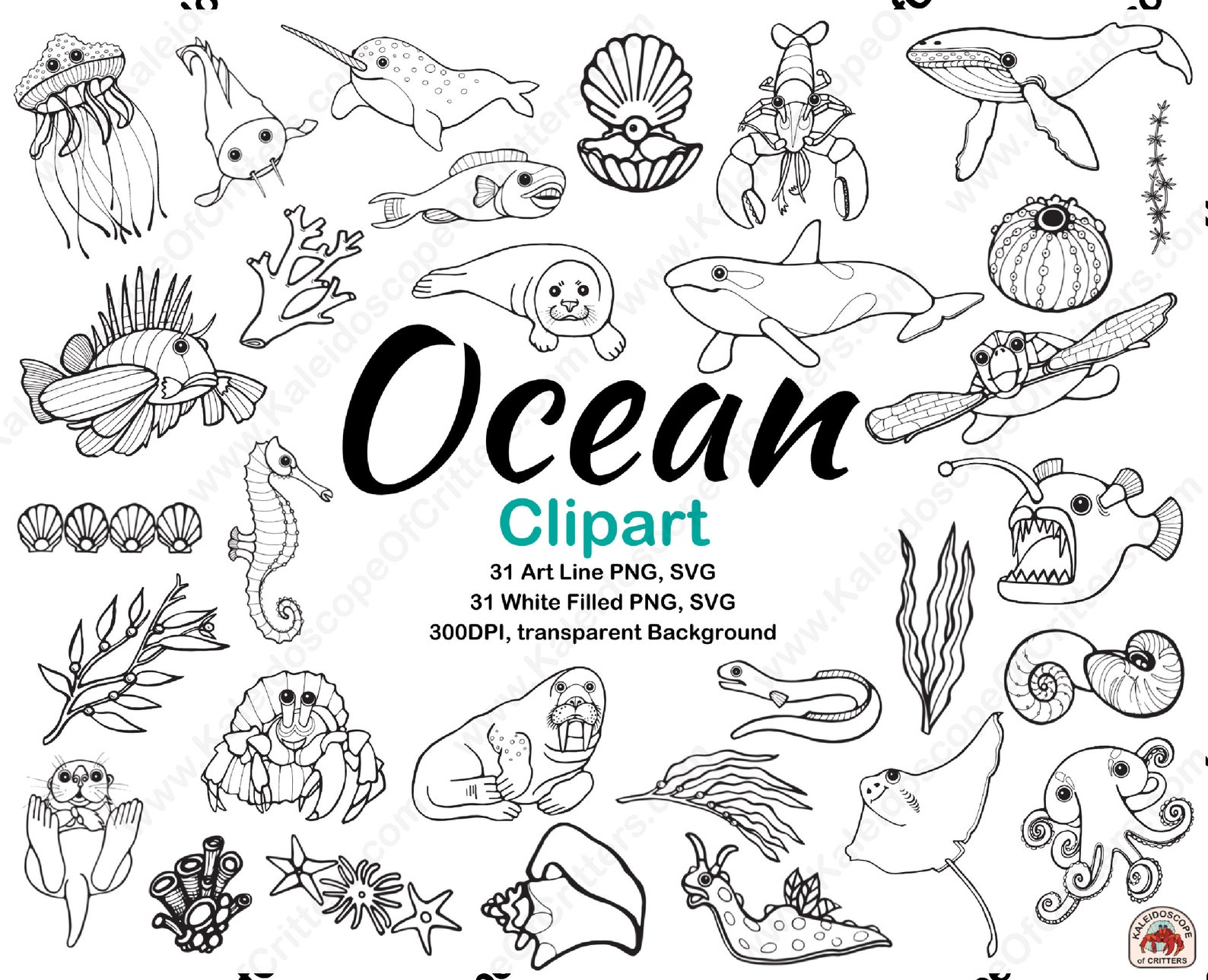 Ocean Clipart Black and White Art Line and White Filled Ocean PNG, SVG ...