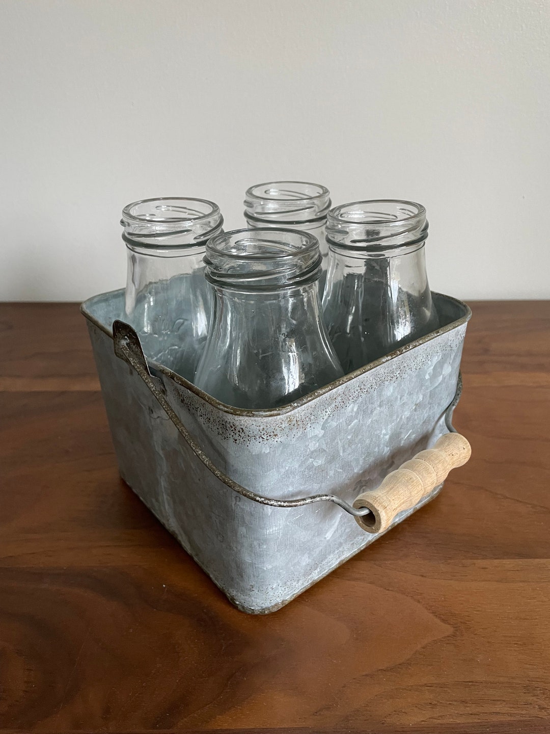 Vintage Set of 4 Dairy Milk Bottles in Galvanized Metal Caddy With ...