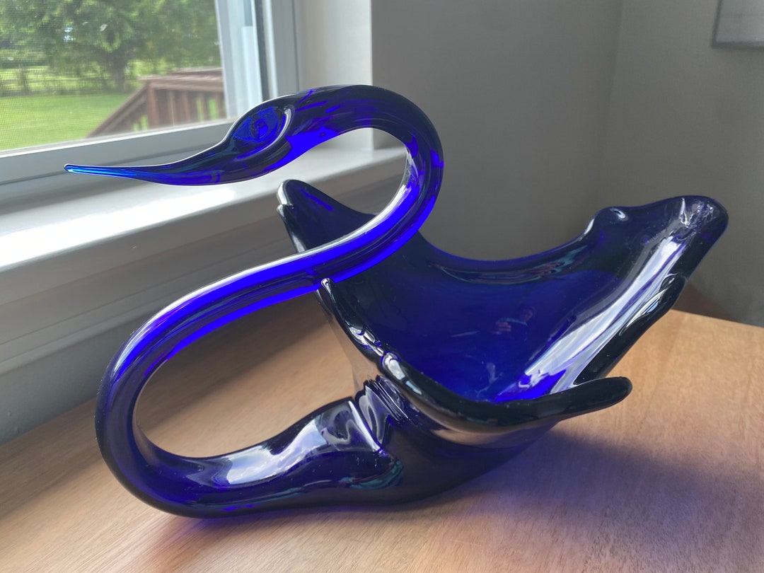 Mid Century Large Cobalt Blue Sooner Blown Glass Swan Bowl - Etsy