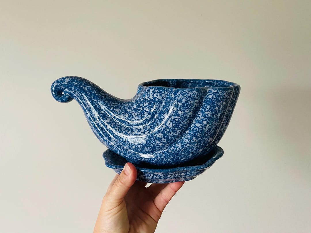Vintage Blue Spongeware Ceramic Seashell Cornucopia Indoor Planter - Etsy