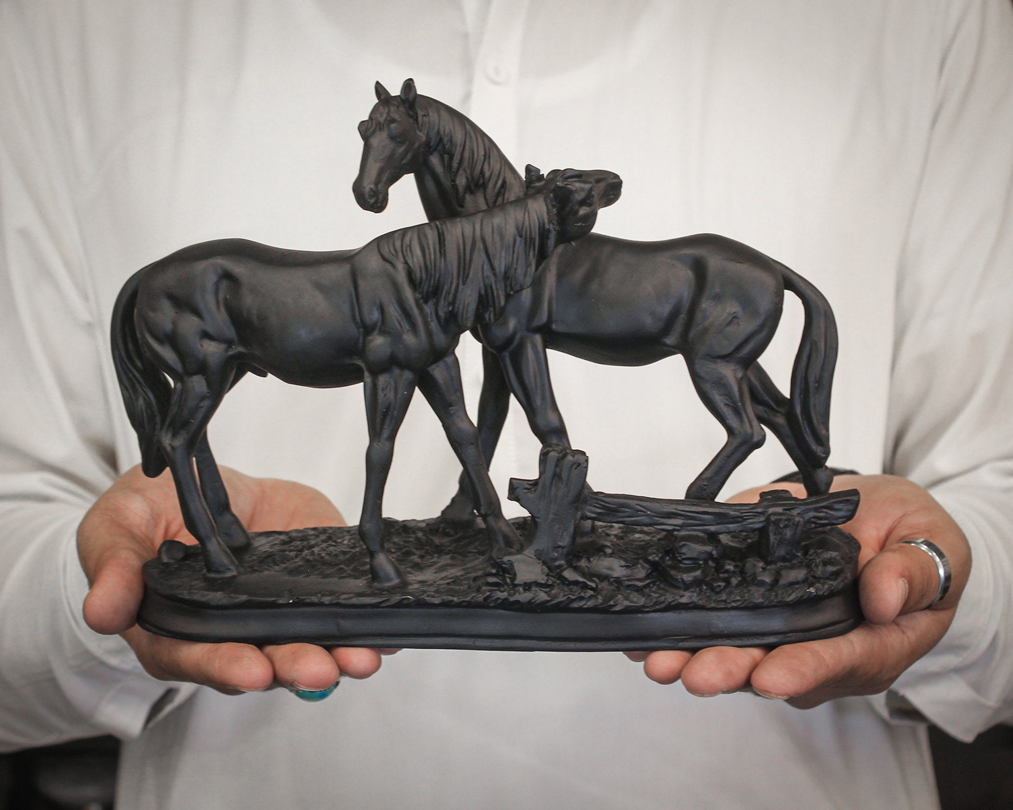 Elegant Pair of Black Horses Sculpture Figurine on Grassland Base ...