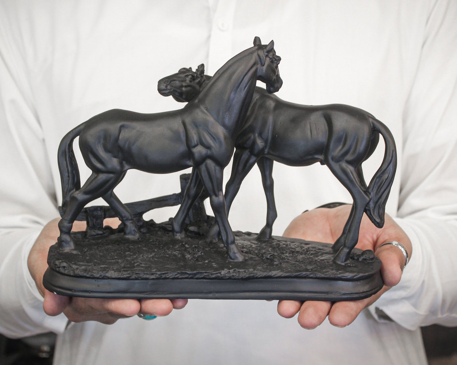 Elegant Pair of Black Horses Sculpture Figurine on Grassland Base ...