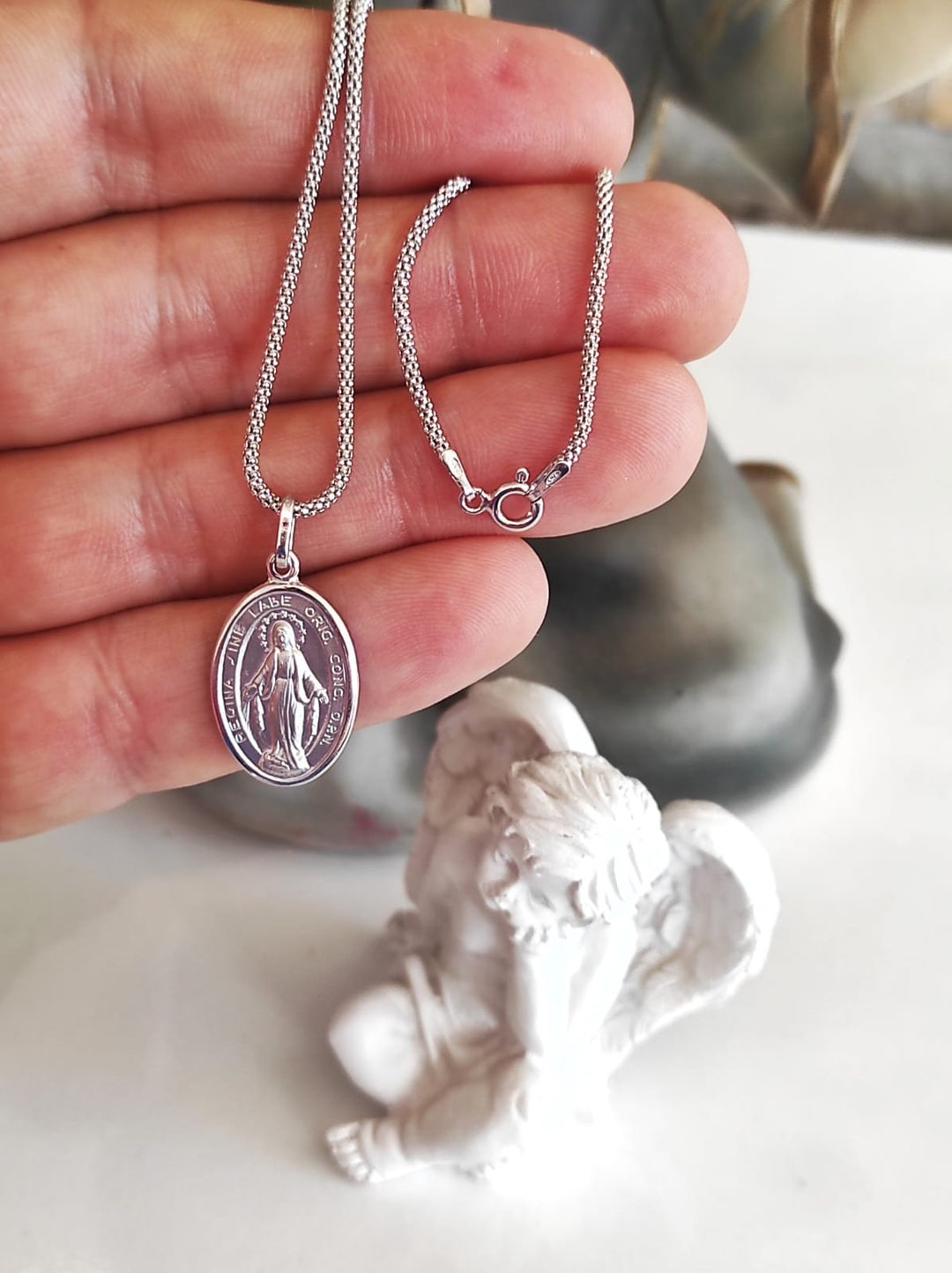 Silver Miraculous Medal Necklace 925 Sterling Silver Medal of Our Lady ...