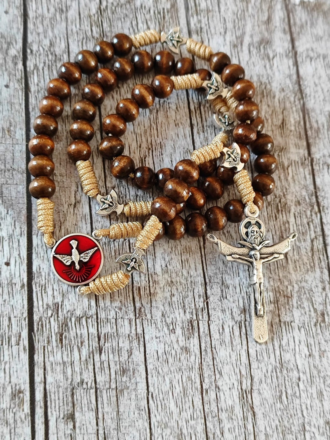 Holy Trinity Cross Rosary, Holy Spirit Catholic Chaplet, Wooden Prayer ...