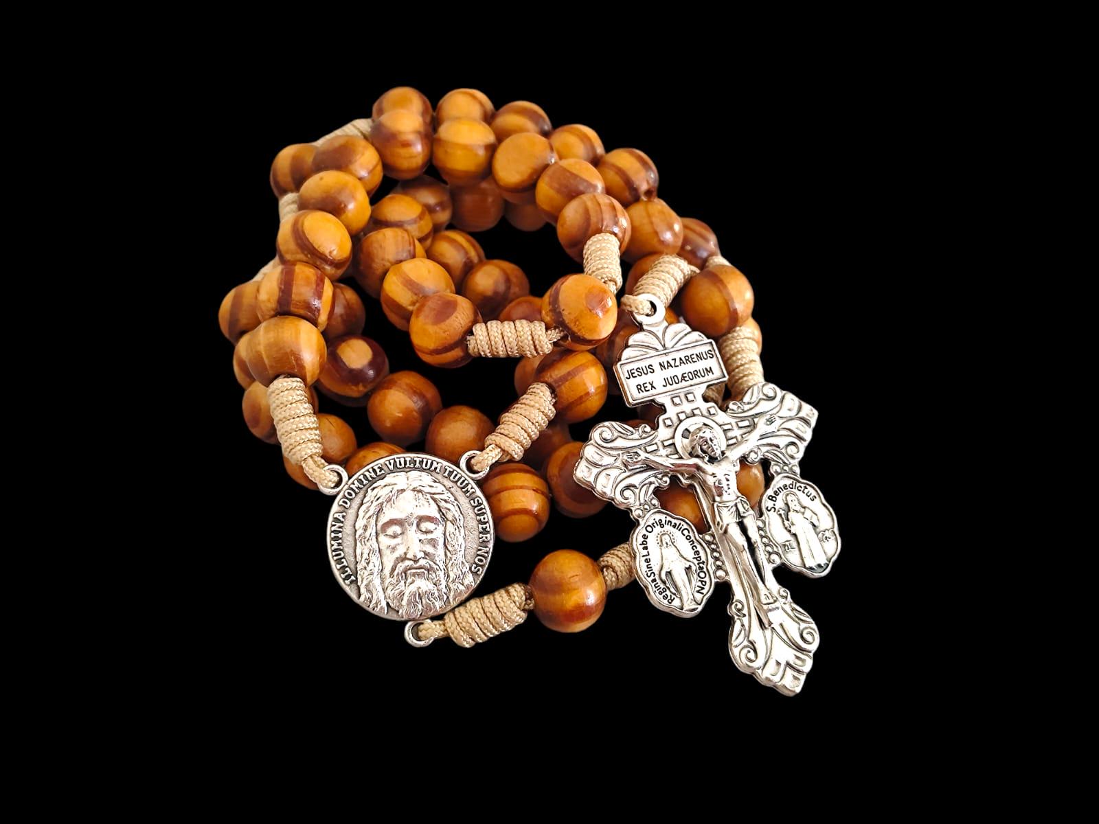 Handmade Olive Wood Rosary: Holy Face Pardon Crucifix, St Benedict ...