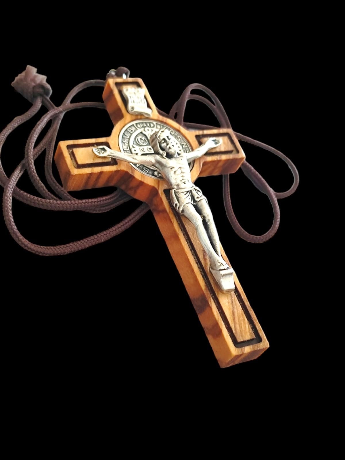 St Saint Benedict Crucifix Cross Olive Wood Catholic Pendant Necklace ...
