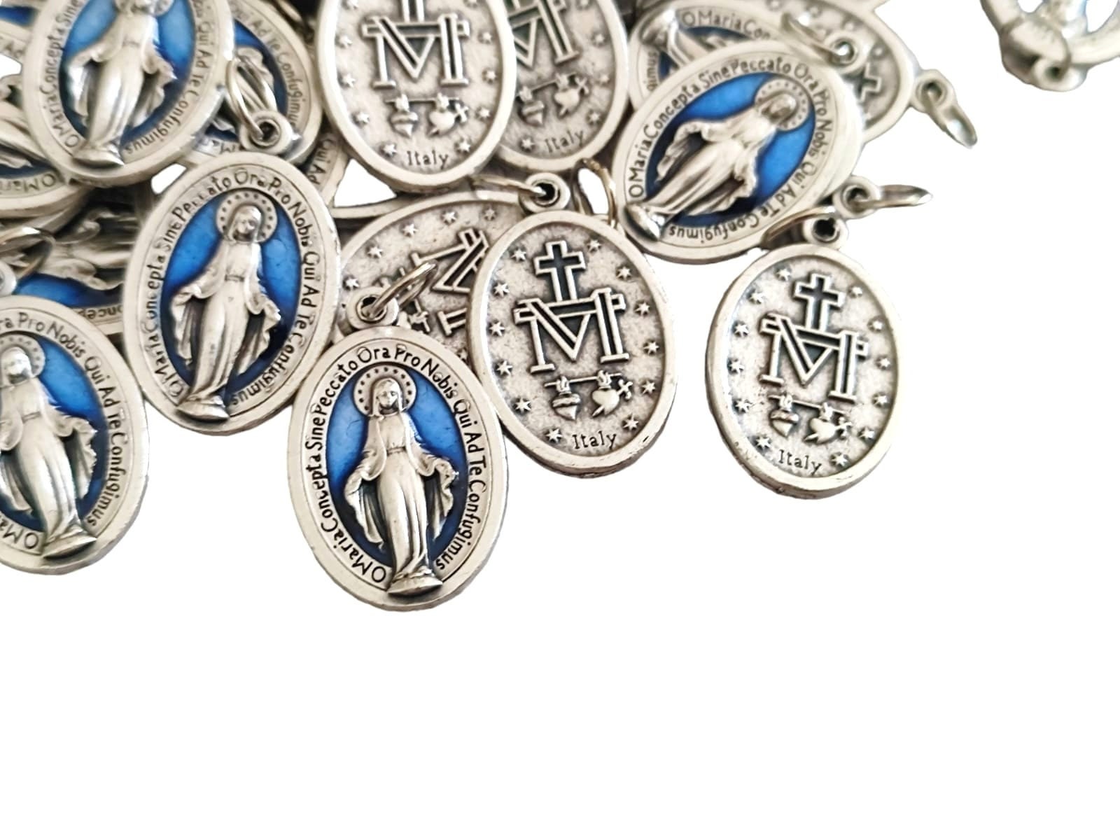 MIRACULOUS Medals Blue/ Silver Color Pendants Box Lot Bulk 5-10-20-30 ...