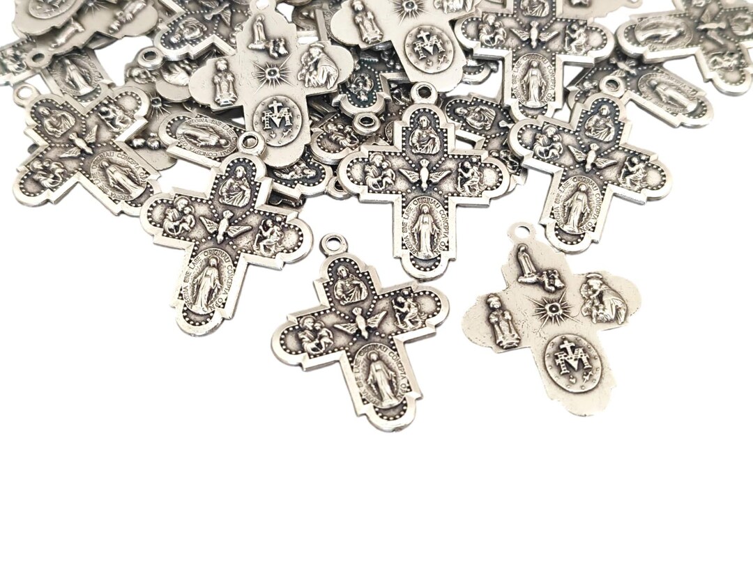 LOT SET 10,20,30,50,100 Four Way Cross Silver Tone Rosary Pendant ...