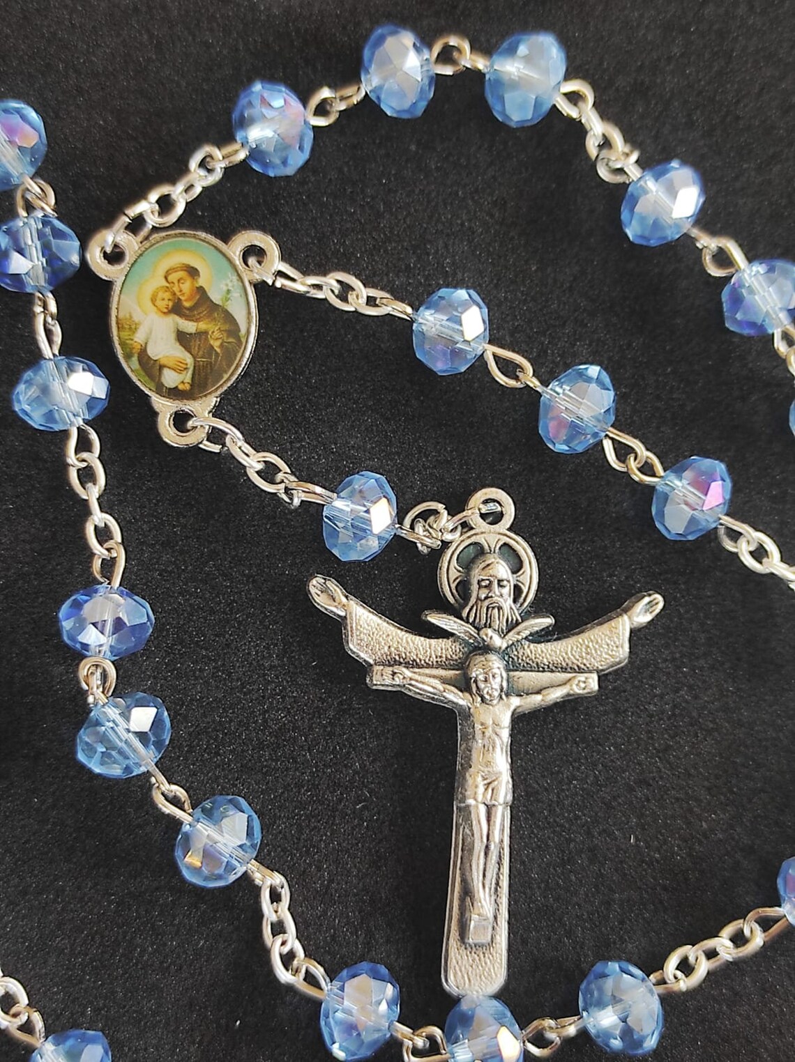 St Anthony Rosary Medals Blue Crystal Beads, Patron Saint of Lost ...