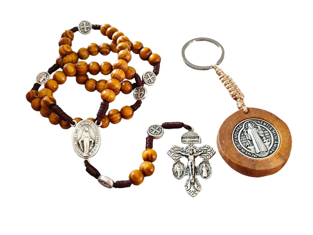 St Benedict Olive Wood Rosary & Keychain: Miraculous Medal, Pardon ...