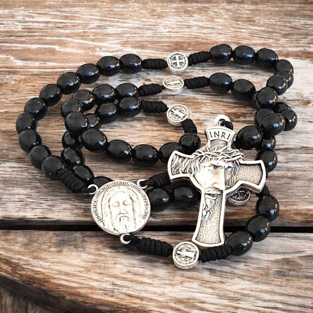 Holy Face Rosary St Benedict Medals Necklace Handmade Rosary Wood Beads ...