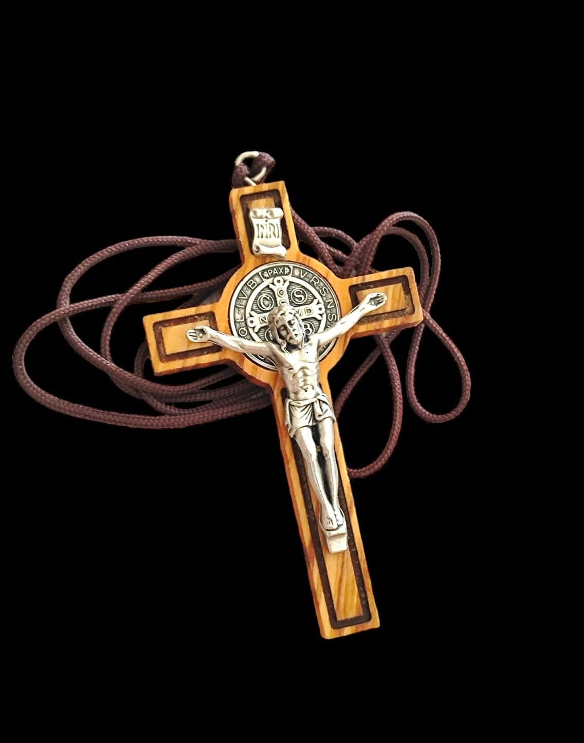 St Saint Benedict Crucifix Cross Olive Wood Catholic Pendant Necklace ...
