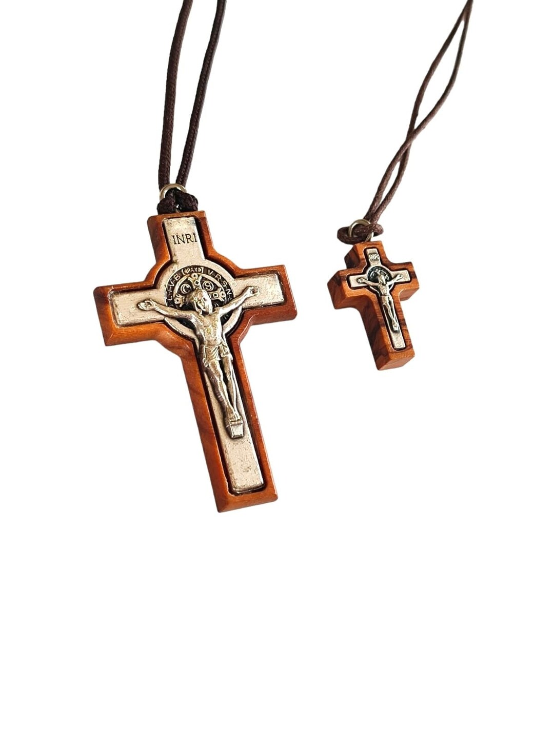 St Saint Benedict Crucifix Cross Olive Wood Catholic Pendant Necklace ...