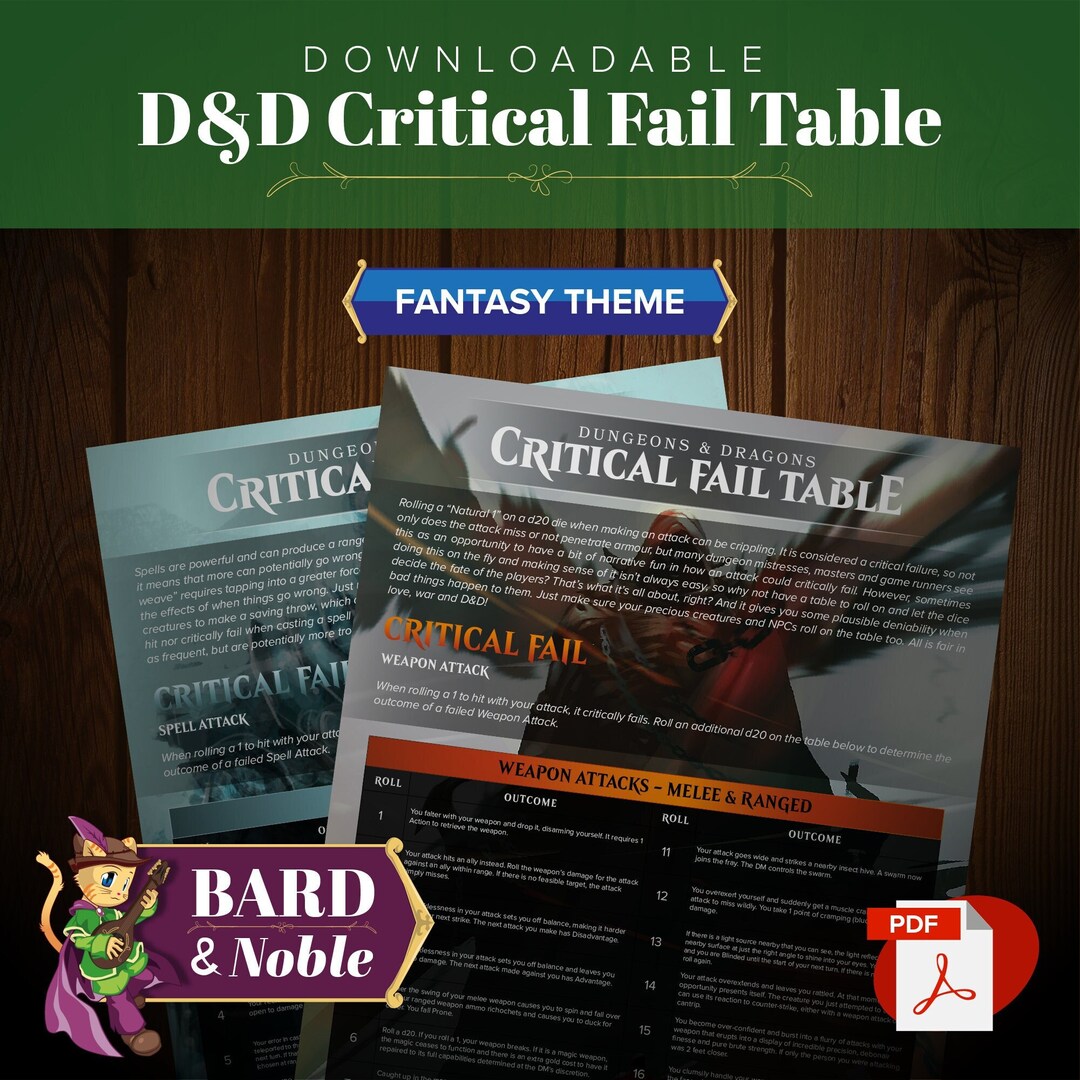 Fantasy Theme D&D Critical Fail Table - Digital Download Pdf / Dungeons ...