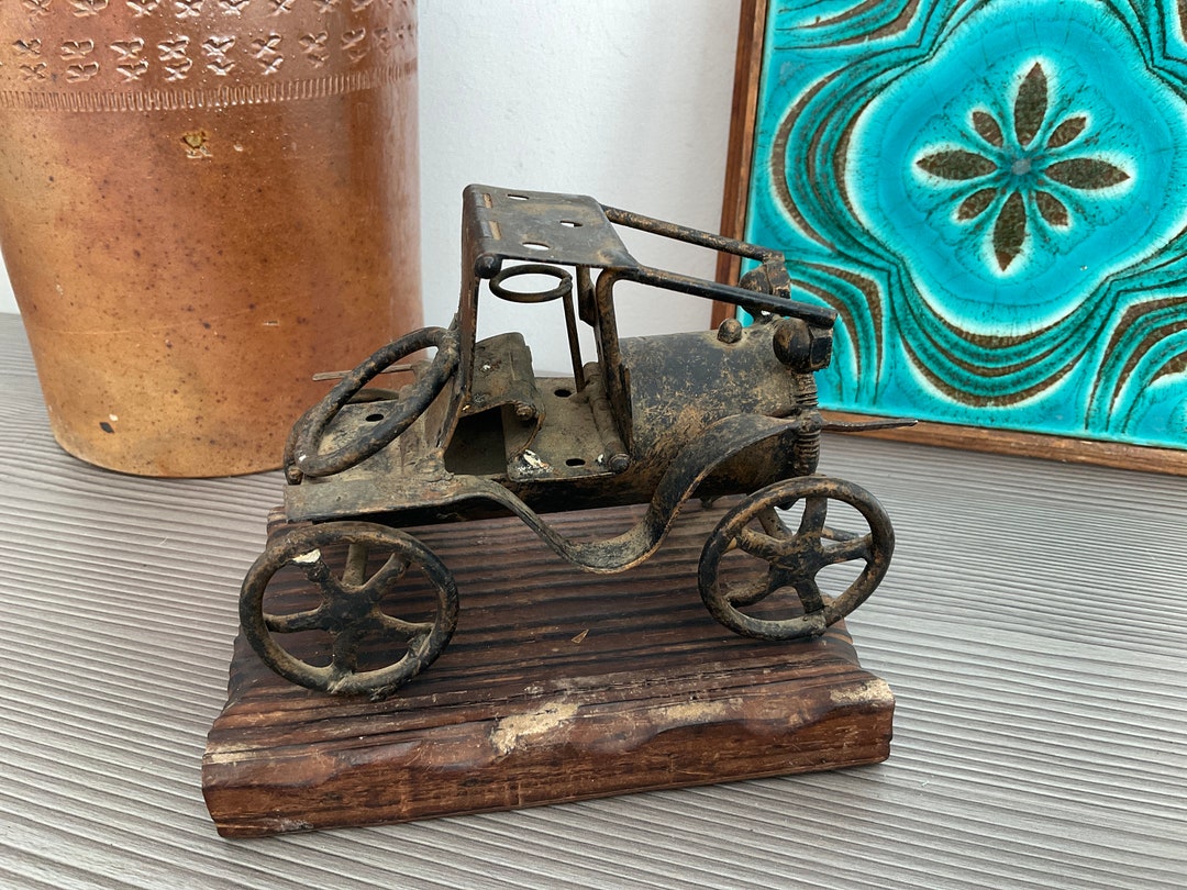 Handmade Vintage Car Model: Rustic Metal Sculpture on Wooden Plinth - Etsy