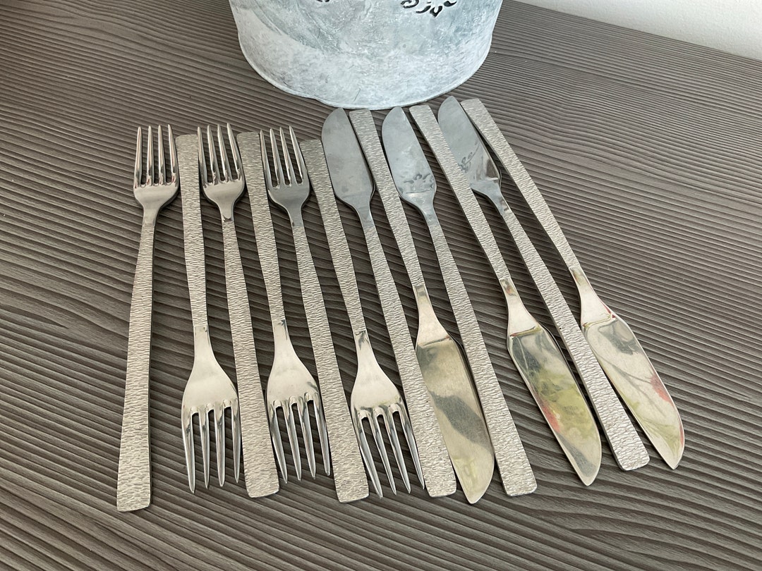 Vintage VINERS Fish Knives and Forks, Stainless Steel Bark Effect ...