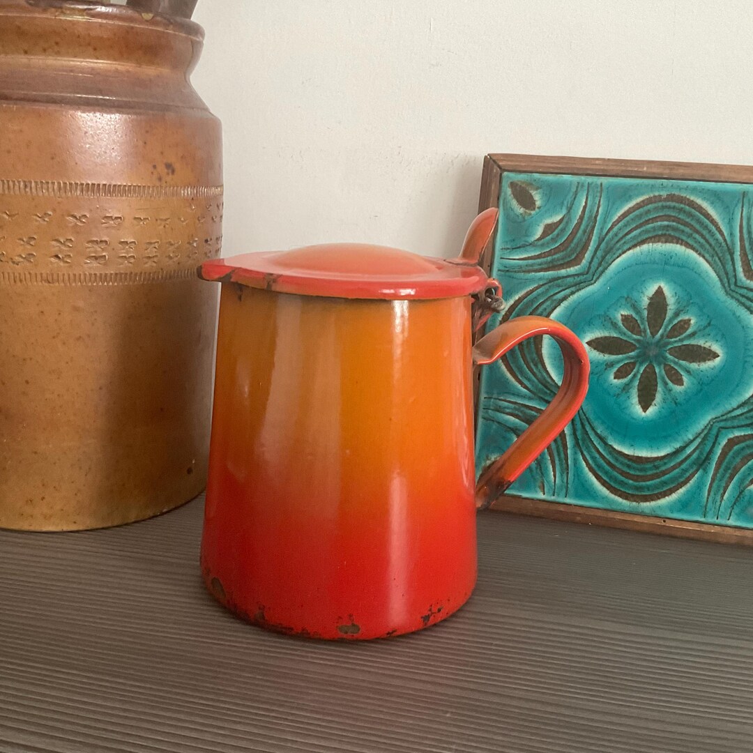 Vintage French Orange Enamel Pitcher, Hinged Lidded Jug, Rustic Metal ...