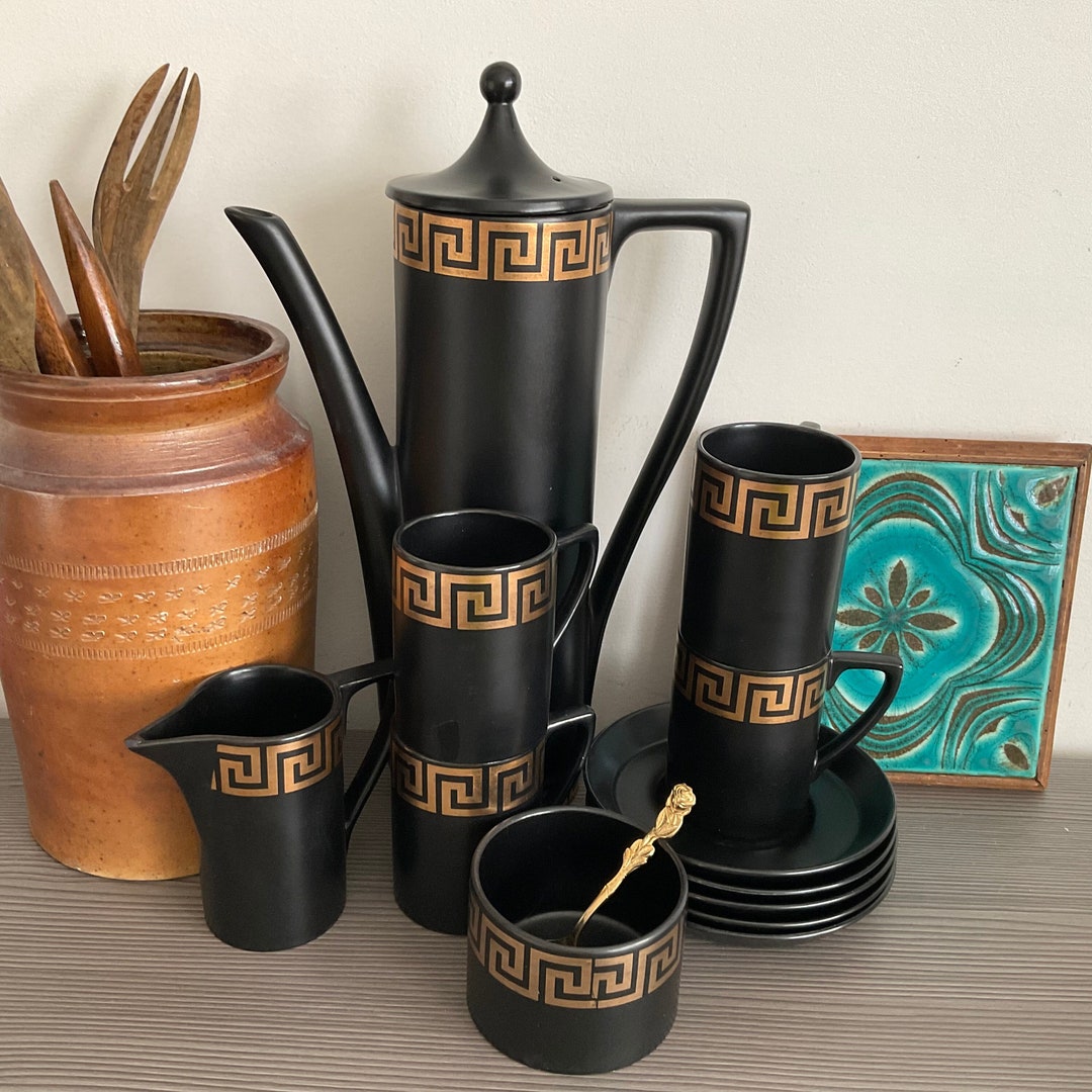 PORTMEIRION Greek Key Coffee Set, Striking Black and Gold Vintage ...