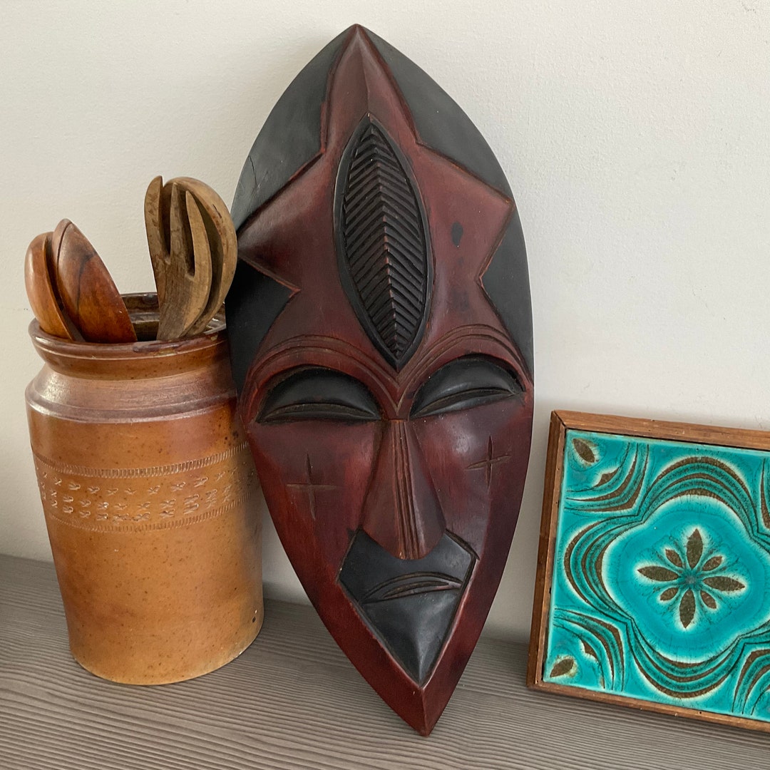 Vintage Nigerian Mask, African Carved Wood Wall Art, Tribal Face Mask ...
