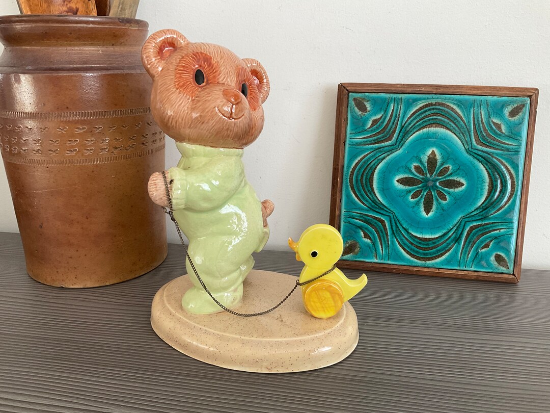 Vintage Hand Painted Teddybear & Duck Nursery Ornament - Etsy