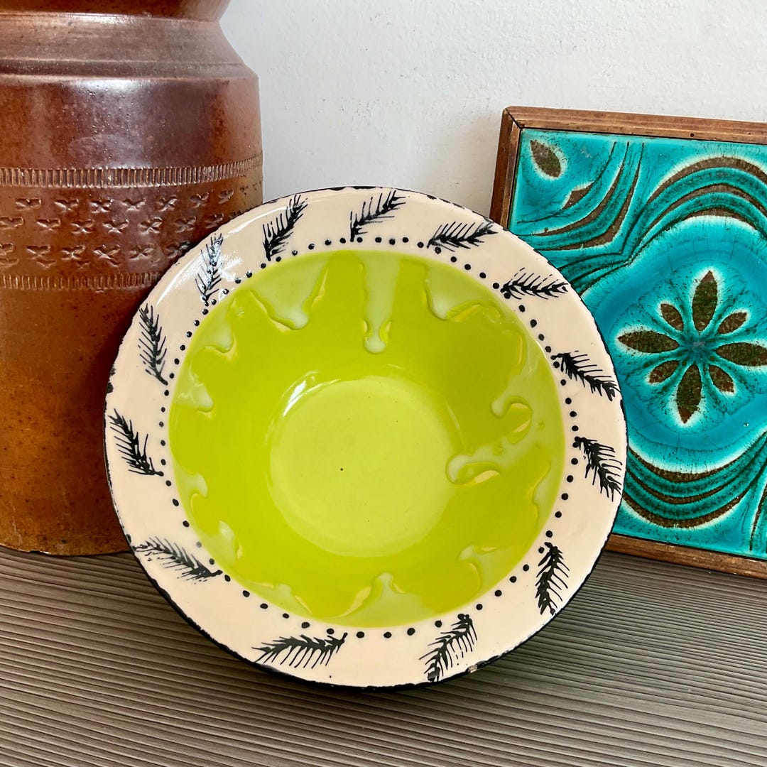 Striking Studio Pottery Bowl, Lime Green Drip Glazed Dish With Hand ...