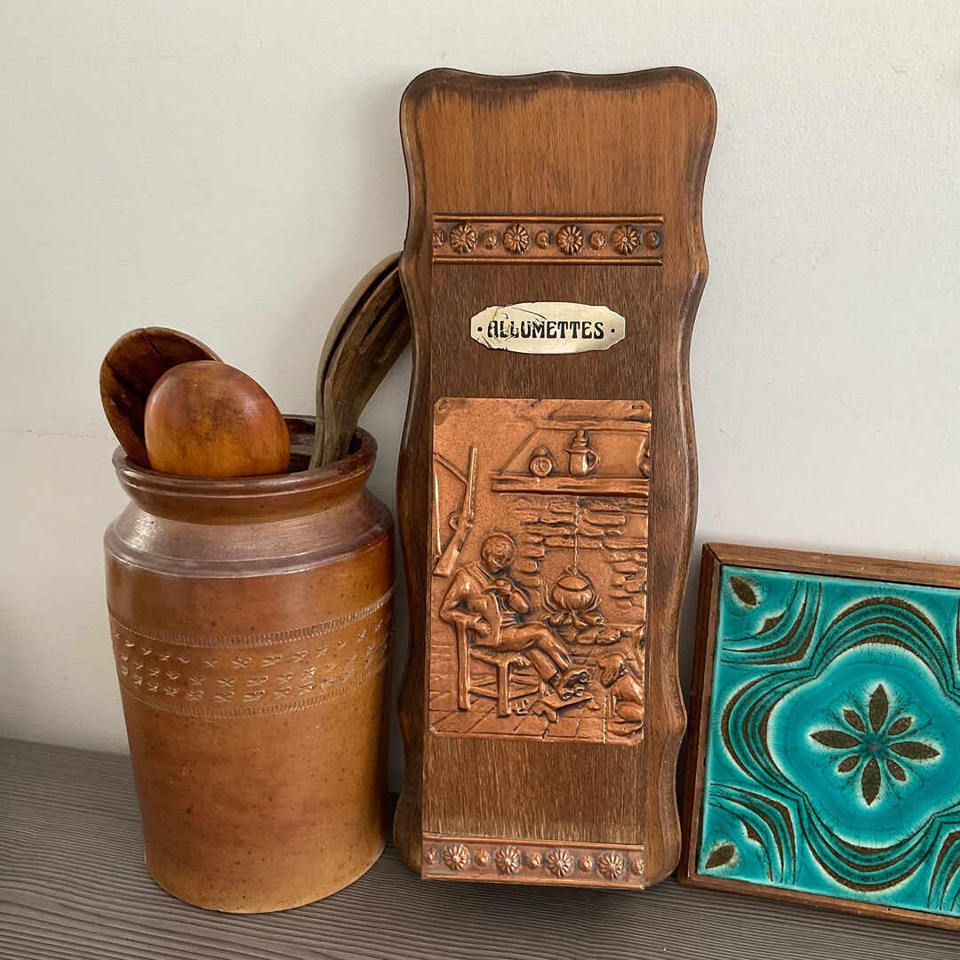 French Copper and Wood Long Match Holder, Wall Hung Matchstick Holder ...