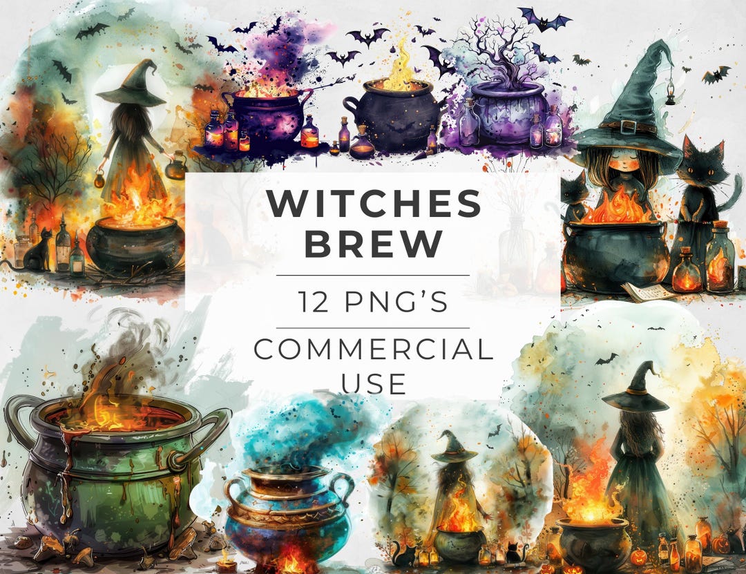 Witches Brew Clipart: Watercolor Halloween Cauldron, Potions (PNG ...