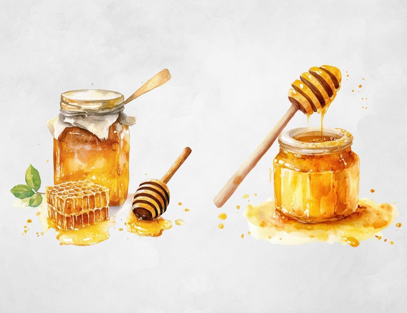 Bees and Honey Clipart, Watercolor Beehive, Spring, Jar, Honeycomb ...