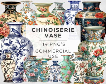 10 Chinoiserie Vase Clipart Watercolor Graphics Digital Download PNG ...