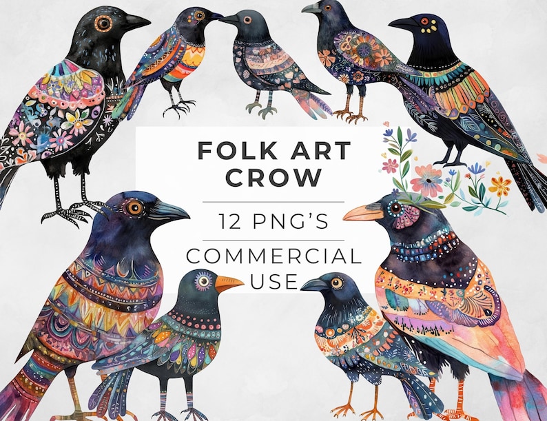Folk Art Crow Clipart: Watercolor Raven PNG Graphics (digital Download ...