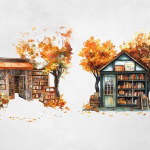 Fall Bookstore Watercolor Clipart, Autumn Reading, Cute Bookshop ...
