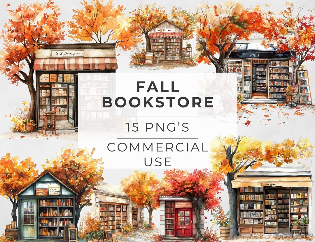 Fall Bookstore Watercolor Clipart, Autumn Reading, Cute Bookshop ...