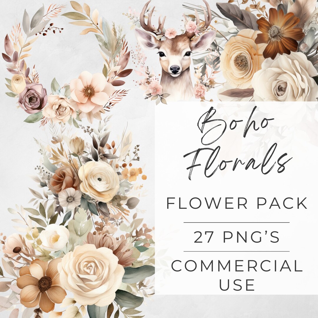 Boho Fall Floral Clipart, Watercolor Flowers Pack, Wedding Invitation ...