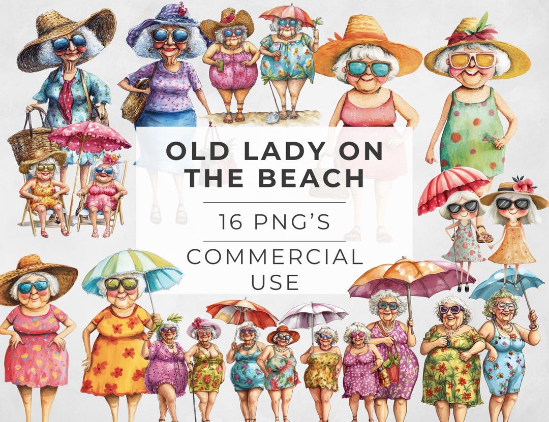 Old Lady Beach Clipart, Watercolor Elderly Silly and Quirky Ladies ...