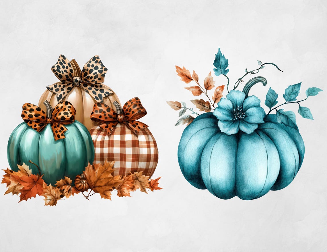 Teal Pumpkin Clipart: Watercolor Fall Harvest PNG (digital Download) - Etsy