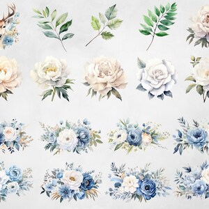 Dusty Blue Roses and Peonies, White Floral Clipart, Watercolor Flowers ...