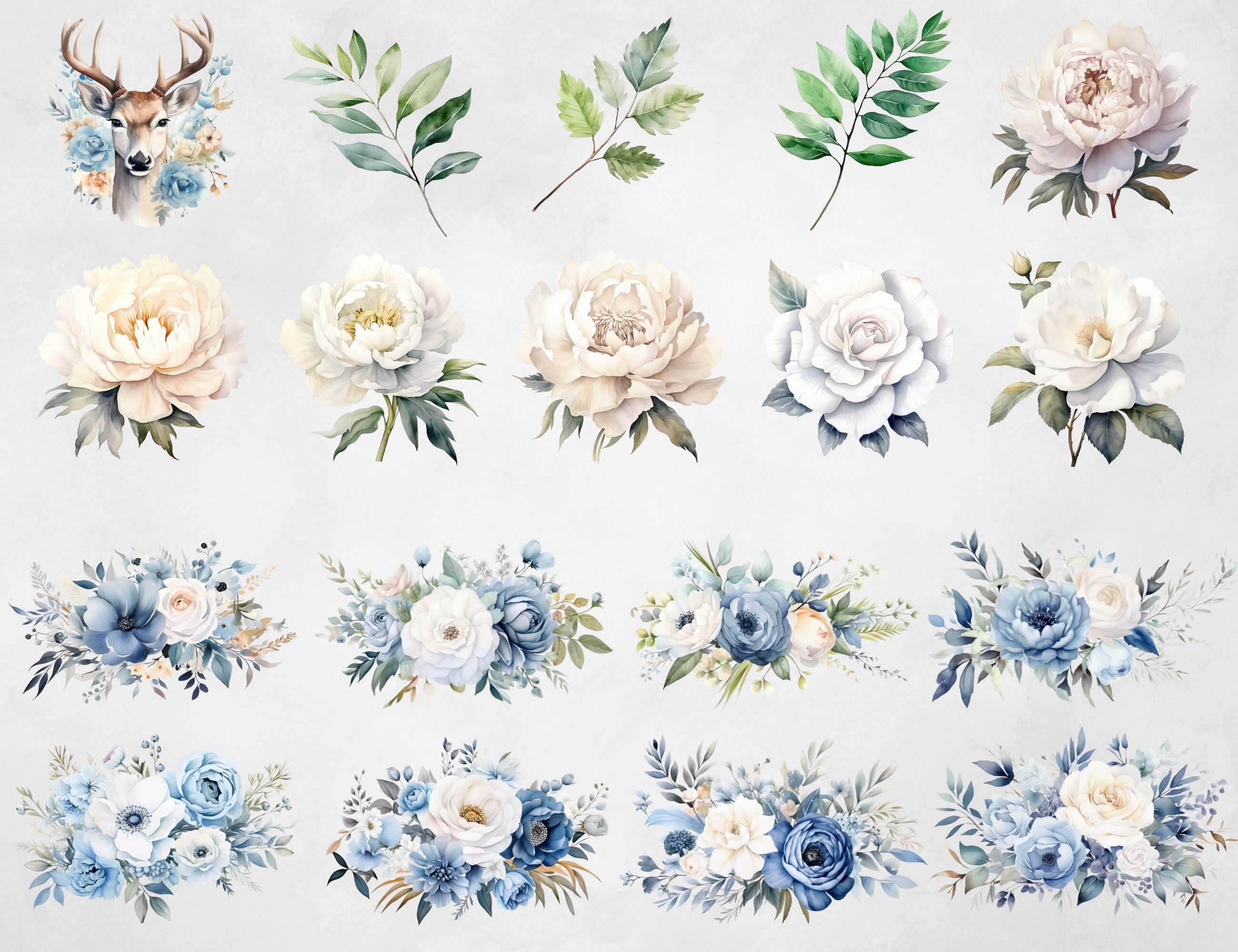 Dusty Blue Roses and Peonies, White Floral Clipart, Watercolor Flowers ...