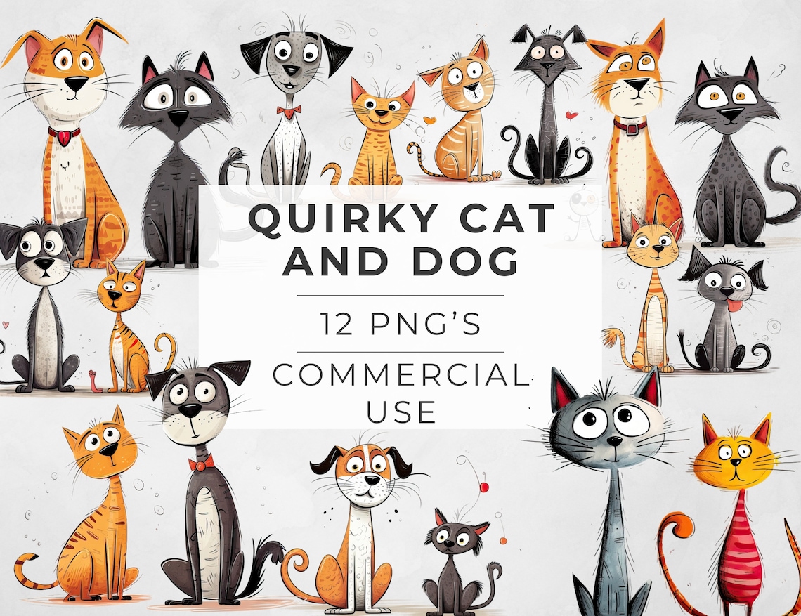 Quirky Cat and Dog Watercolor Clipart: Whimsical Pet PNG Bundle - Etsy