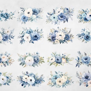 Dusty Blue Roses and Peonies, White Floral Clipart, Watercolor Flowers ...