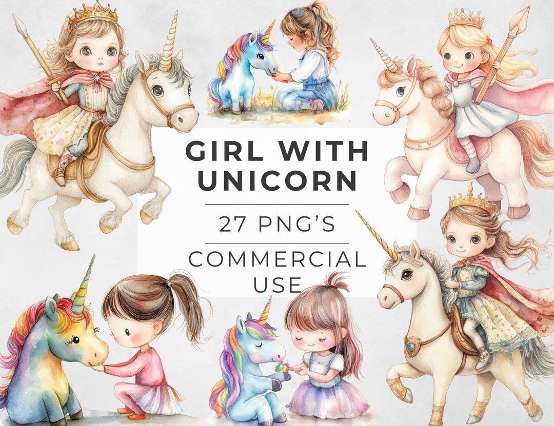 Unicorn Girl Clipart: Watercolor Fantasy PNG Graphics (commercial Use ...