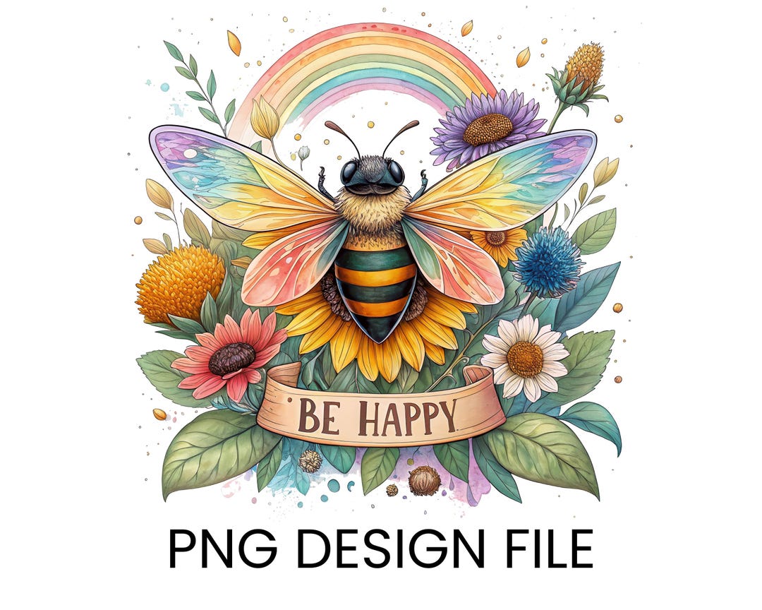 Be Happy Bumblebee Sunflower Clipart PNG, Watercolor Bee and Floral ...