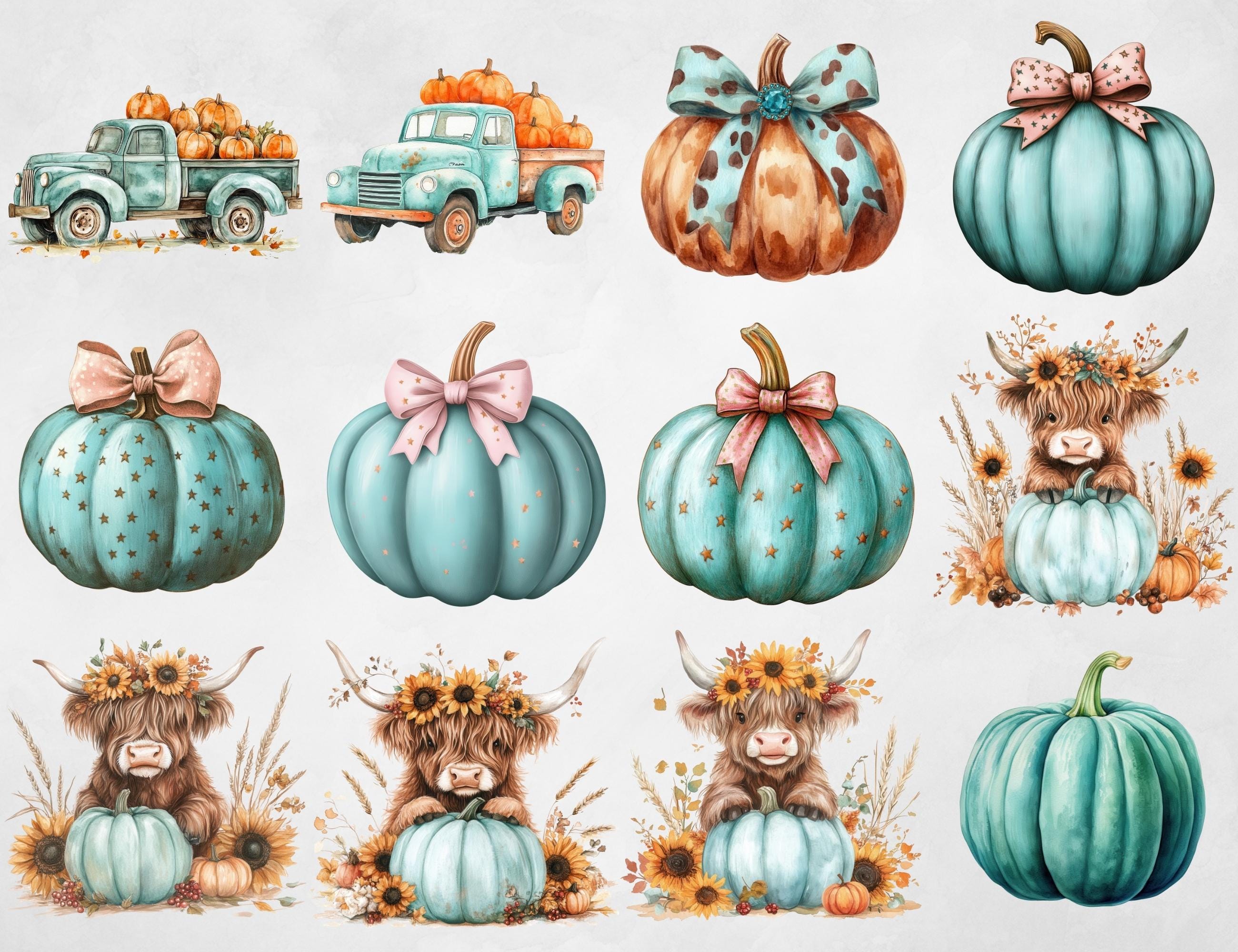 Teal Pumpkin Clipart: Watercolor Fall Harvest PNG (digital Download) - Etsy