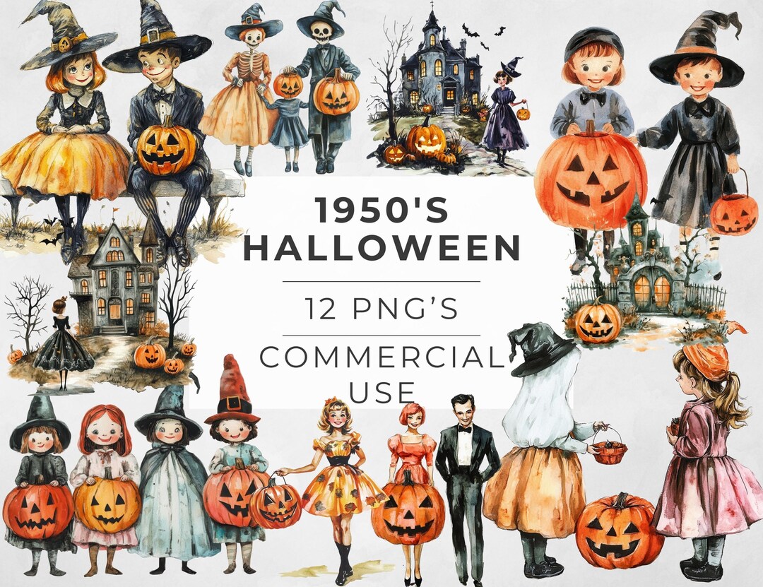 1950s Halloween Clipart, Watercolor Vintage, Retro Pumpkin ...