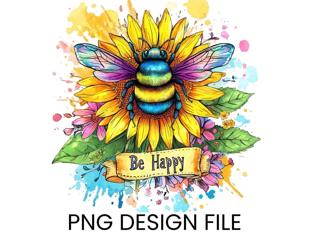 Be Happy Bumblebee Sunflower Clipart PNG, Watercolor Bee and Floral ...