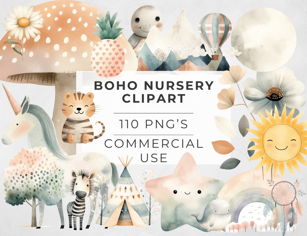 Boho Baby Watercolor Clipart, Nursery Animal Clip Art, Newborn Boho Kid ...