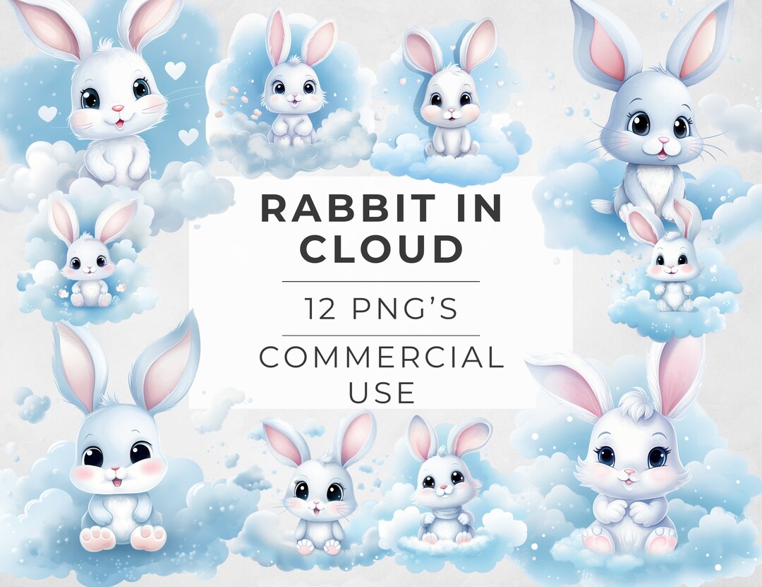 Rabbit in Cloud Clipart, Cute Bunny, Nursery Images, Watercolor ...