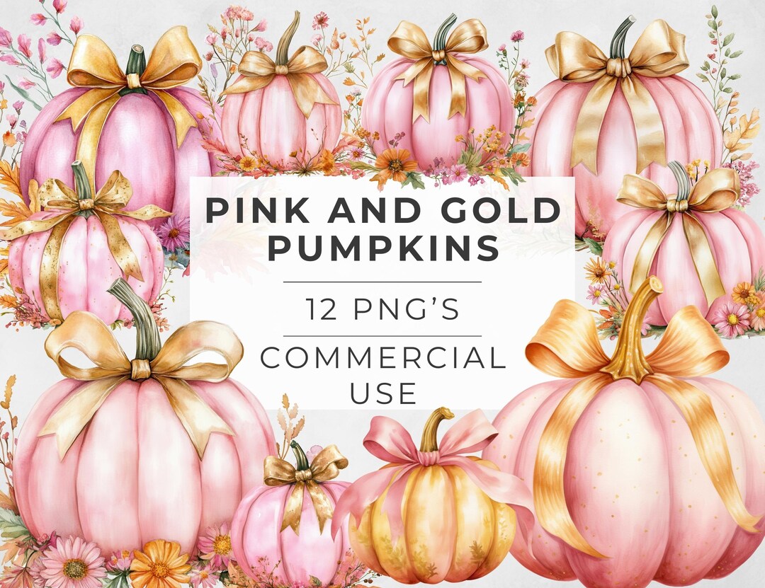 Pink and Gold Pumpkin Clipart, Watercolor Autumn Fall Flowers, Florals ...