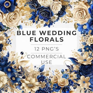 Wedding Clipart Blue, Navy and Gold Florals, Roses, Nuptial Flowers, Watercolor, Transparent PNG ...