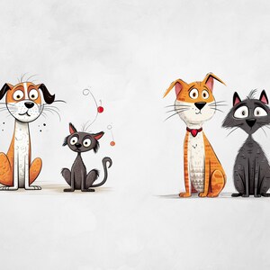 Quirky Cat and Dog Clipart, Whimsical Weird Pets, Scrapbook Ephemera ...